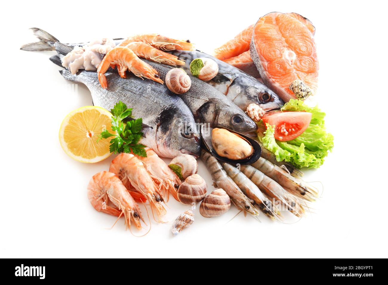 Fresh fish and other seafood isolated on white Stock Photo - Alamy