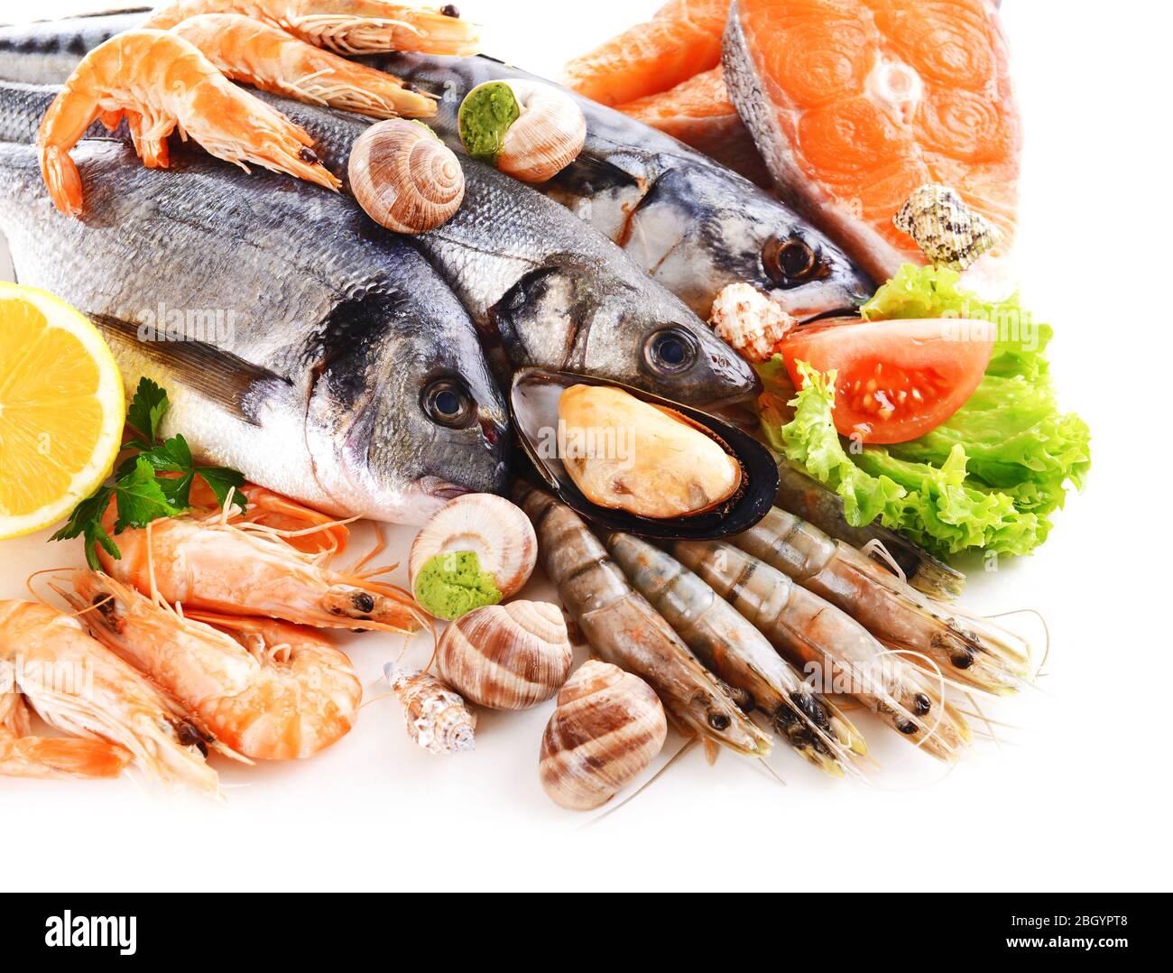 Fresh fish and other seafood isolated on white Stock Photo - Alamy