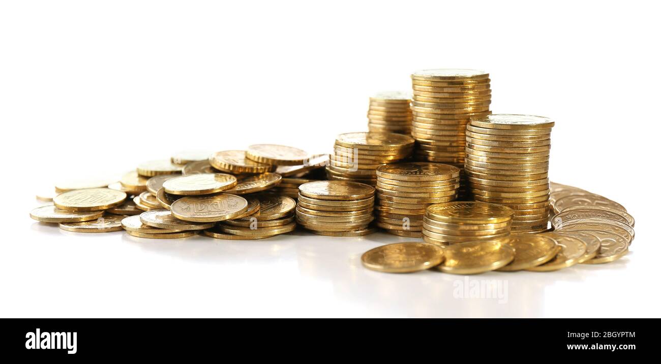 Pile of coins isolated on white Stock Photo - Alamy