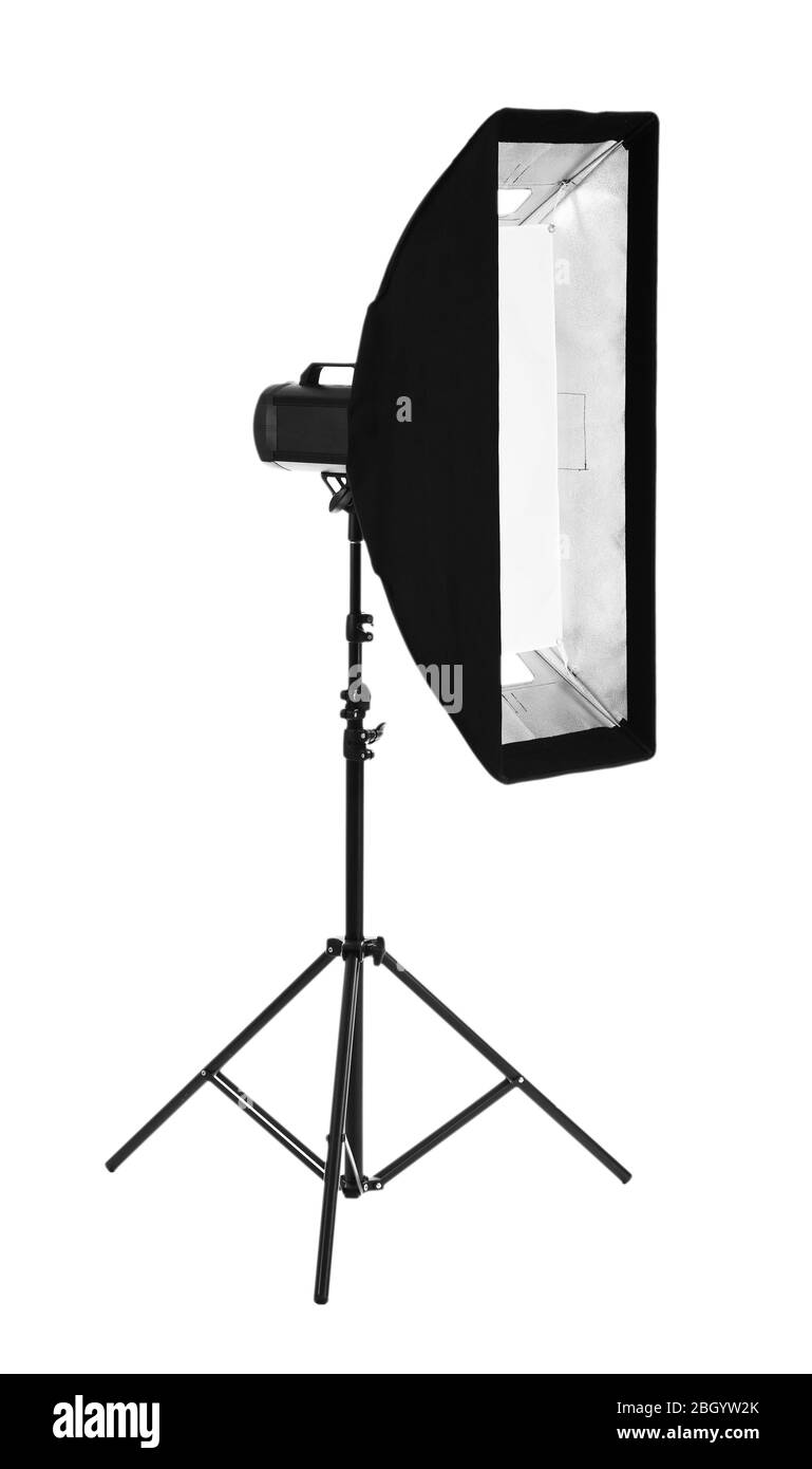Camera flash with soft box isolated on white Stock Photo - Alamy