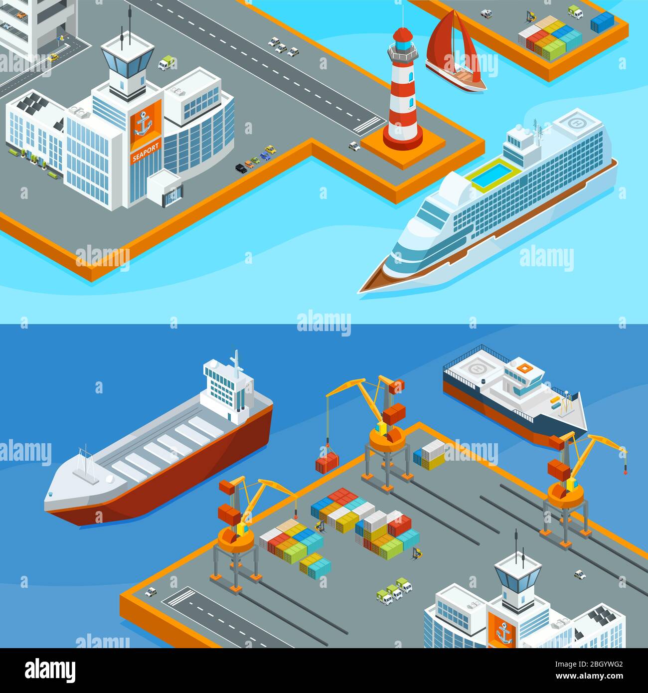 Horizontal vector banners with sea ships in port. Business sea ...