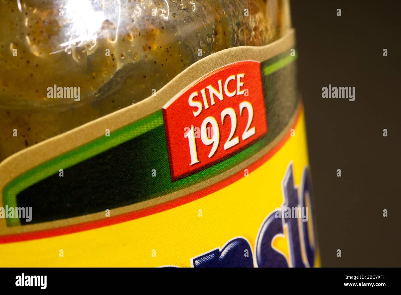 Branston sweet pickle labelling on jar, product produced since 1922 ...