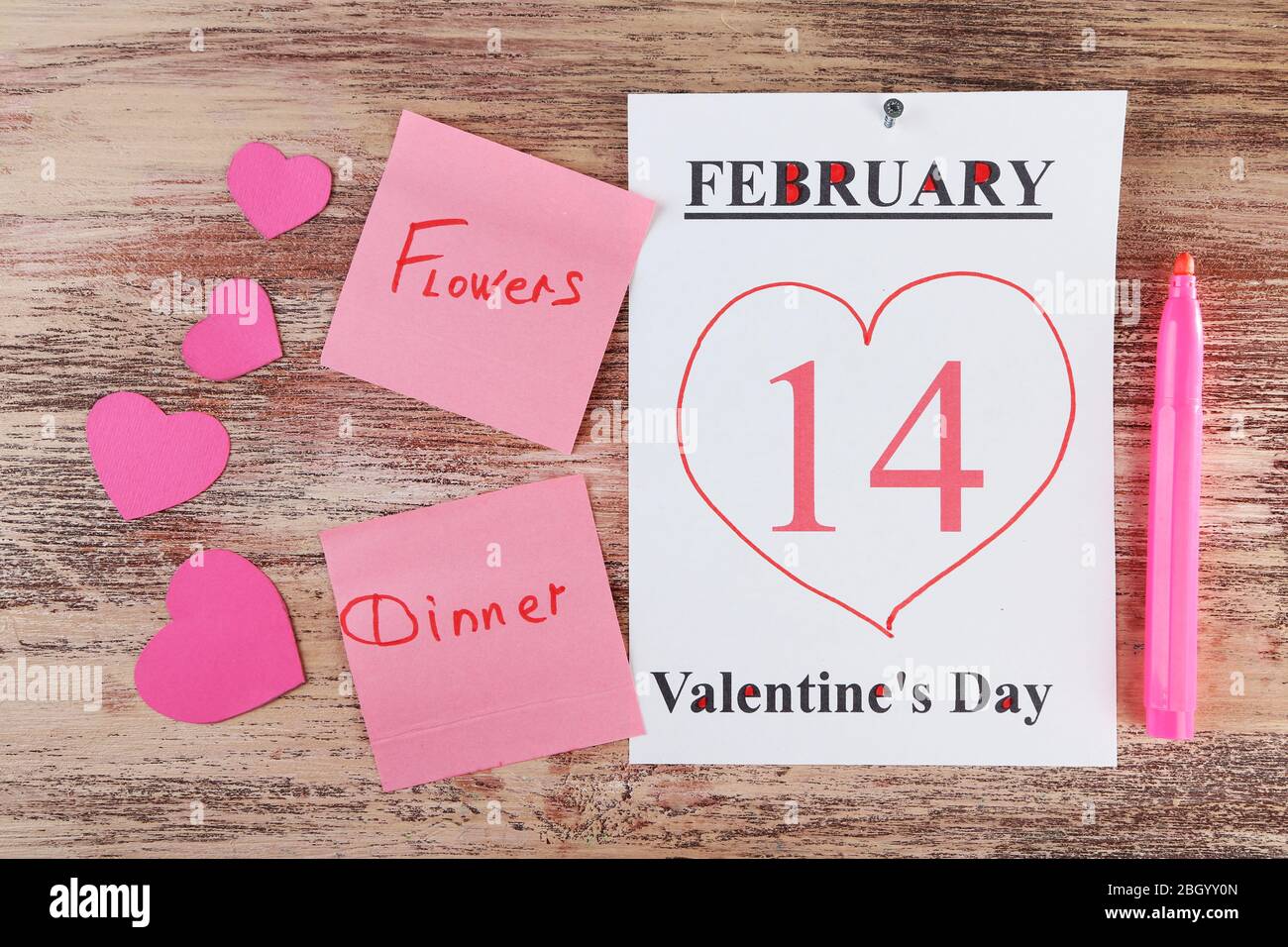 Valentines Day, February 14 on calendar on wooden background Stock ...