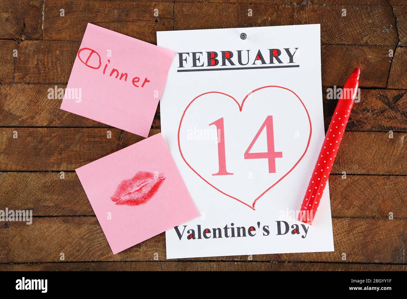 Valentines Day, February 14 on calendar on wooden background Stock ...