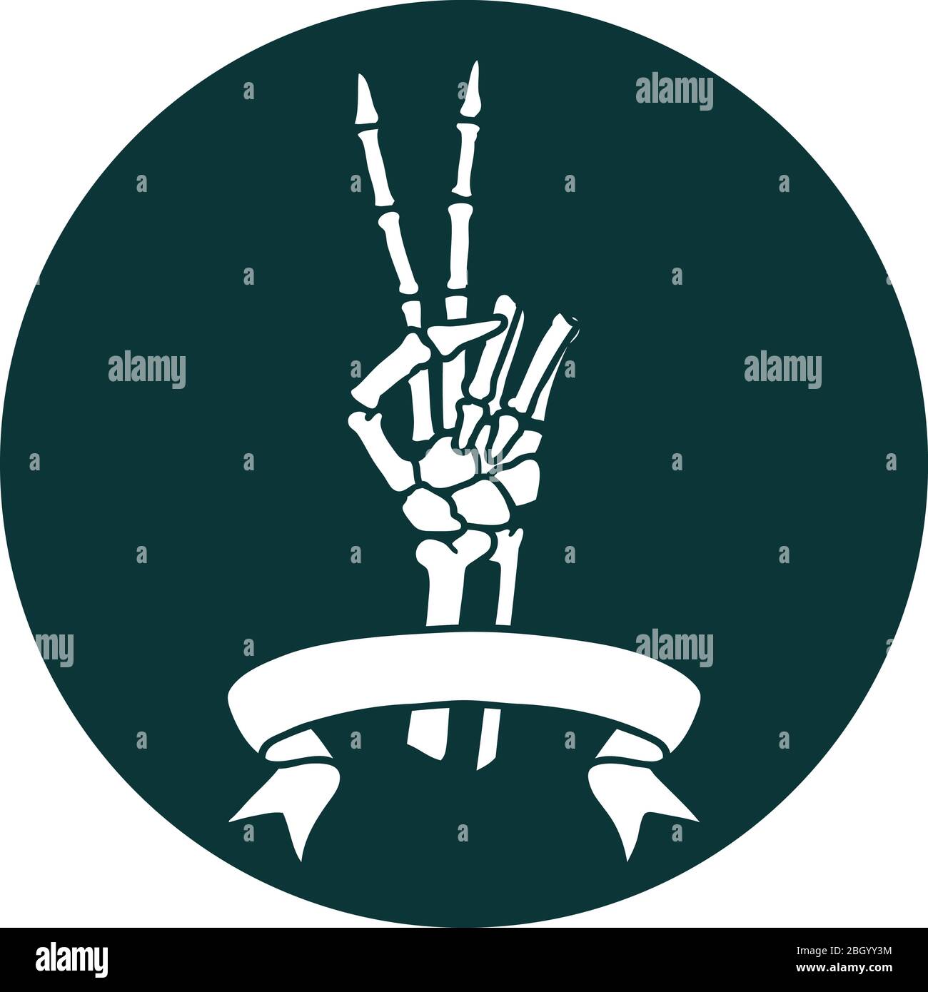 tattoo style icon with banner of a skeleton giving a peace sign Stock ...