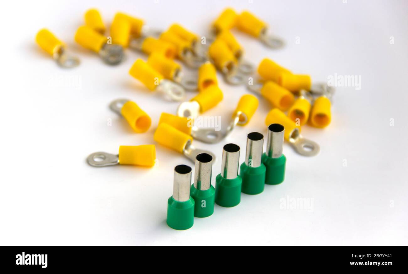 electrical crimp terminal connector. metal terminals isolated on white ...