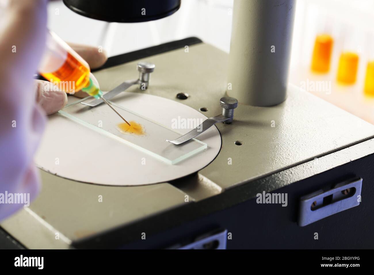 Assistant hand in gloves making analysis in laboratory with microscope ...