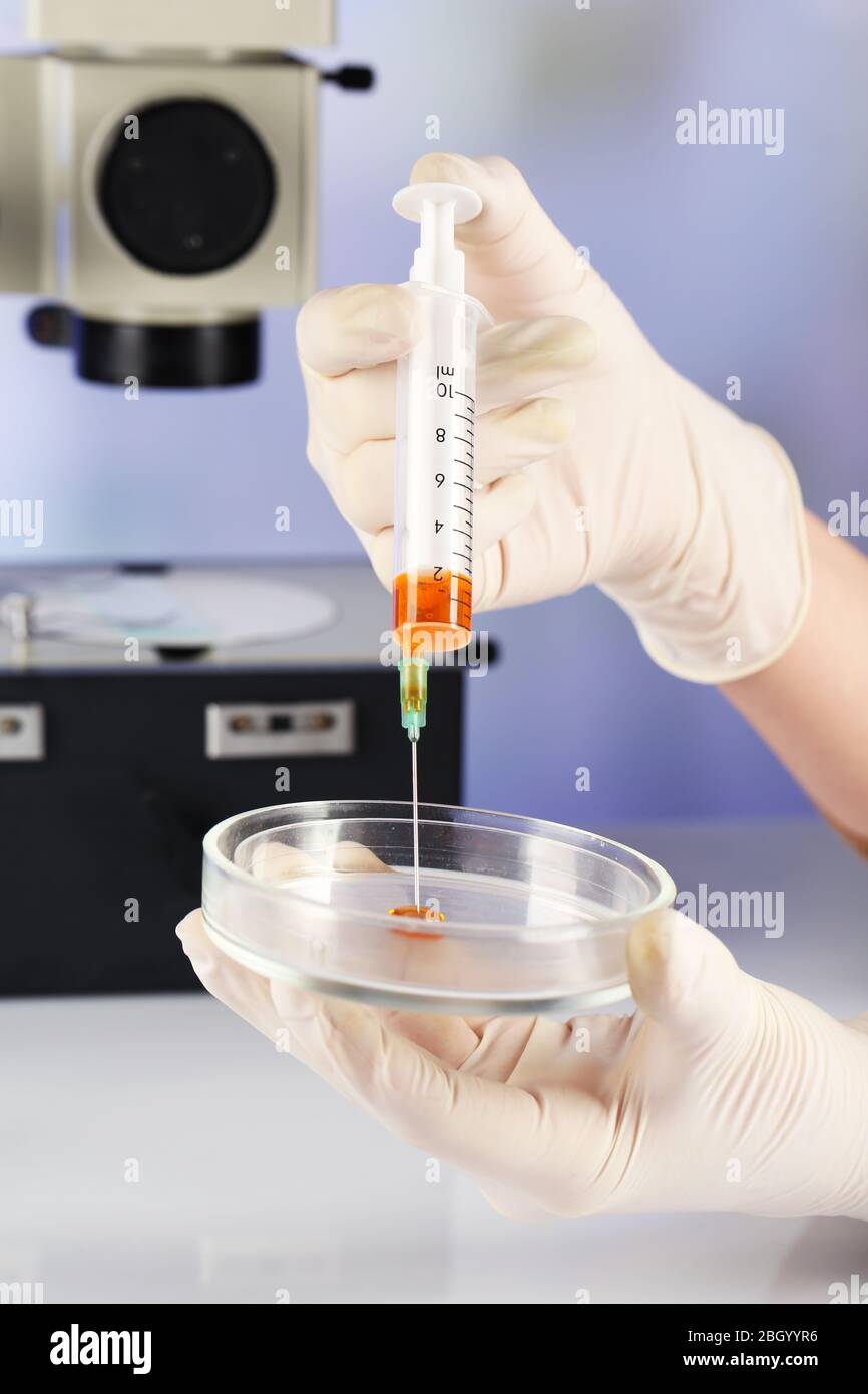 Assistant hands in gloves making analysis in laboratory with microscope ...