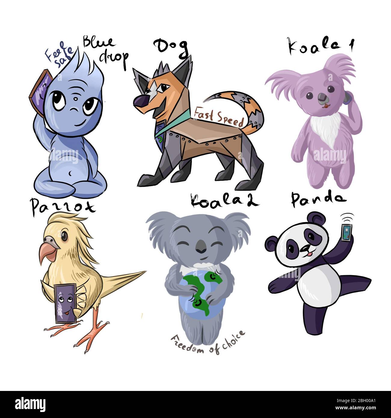 set of multi-colored animals and birds isolated on a white background ...