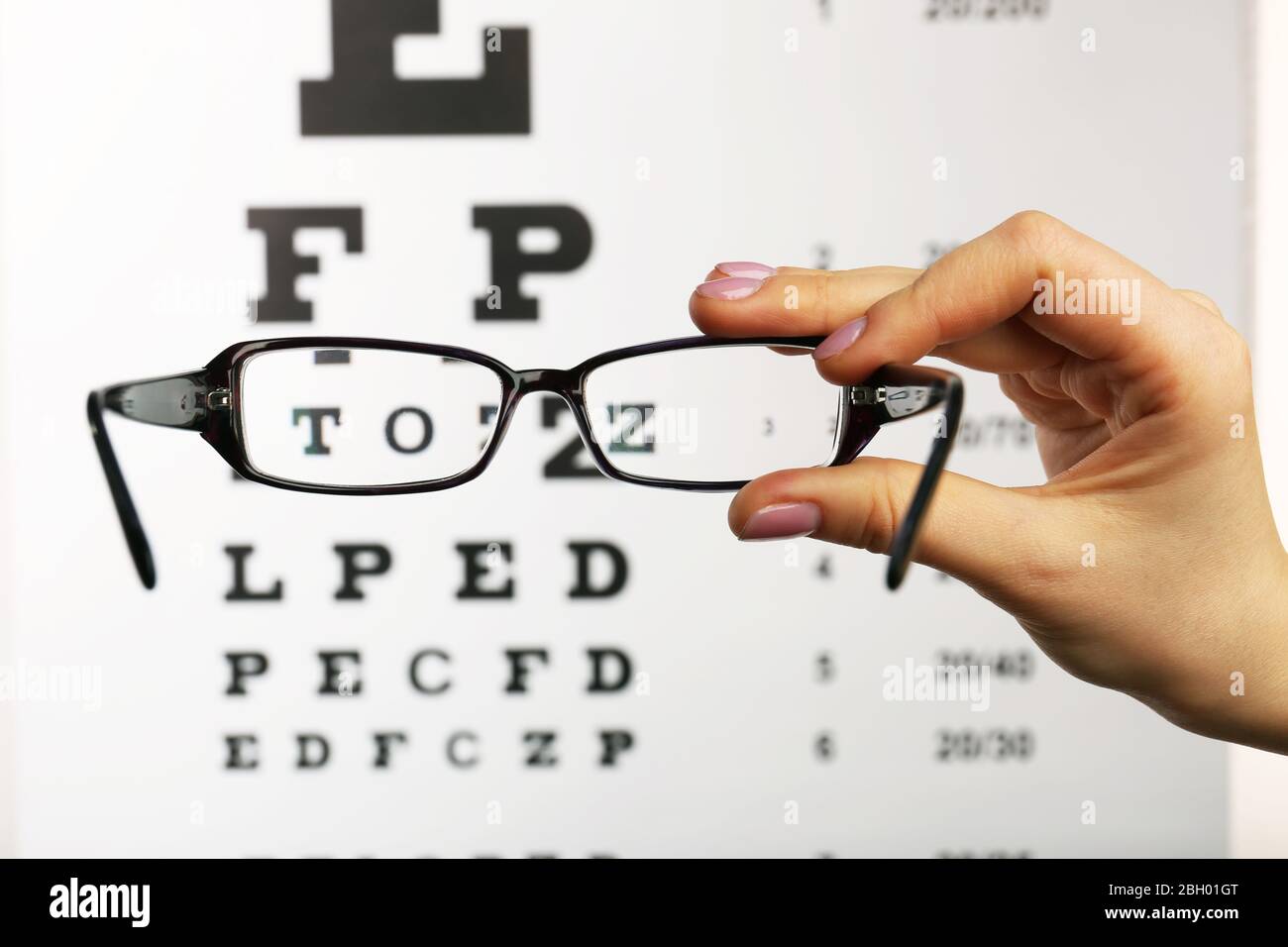 Eye glasses on eyesight test chart background Stock Photo - Alamy