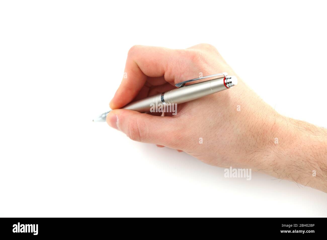 Male hand with pen isolated on white Stock Photo - Alamy