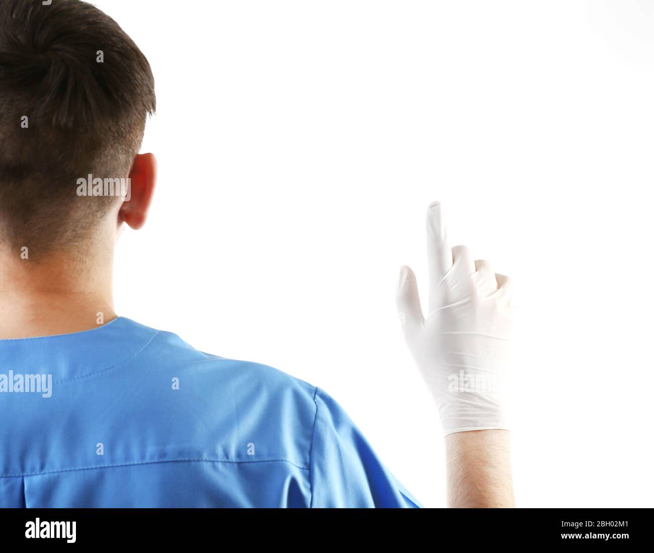 Doctor hand in sterile gloves showing sign, isolated on white ...