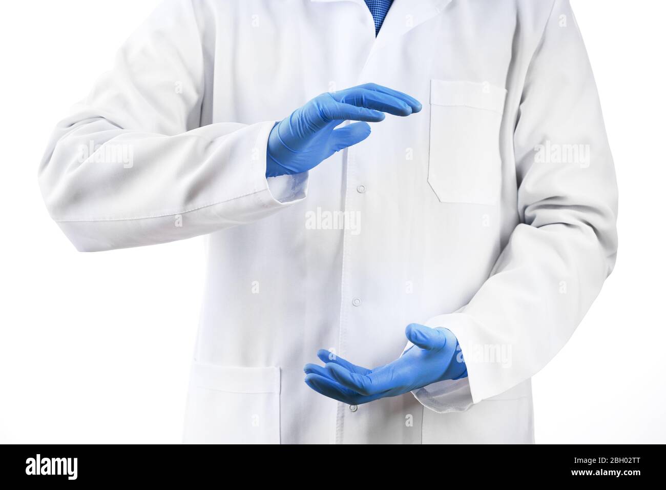Doctor hands in medical gloves showing sign isolated on white ...