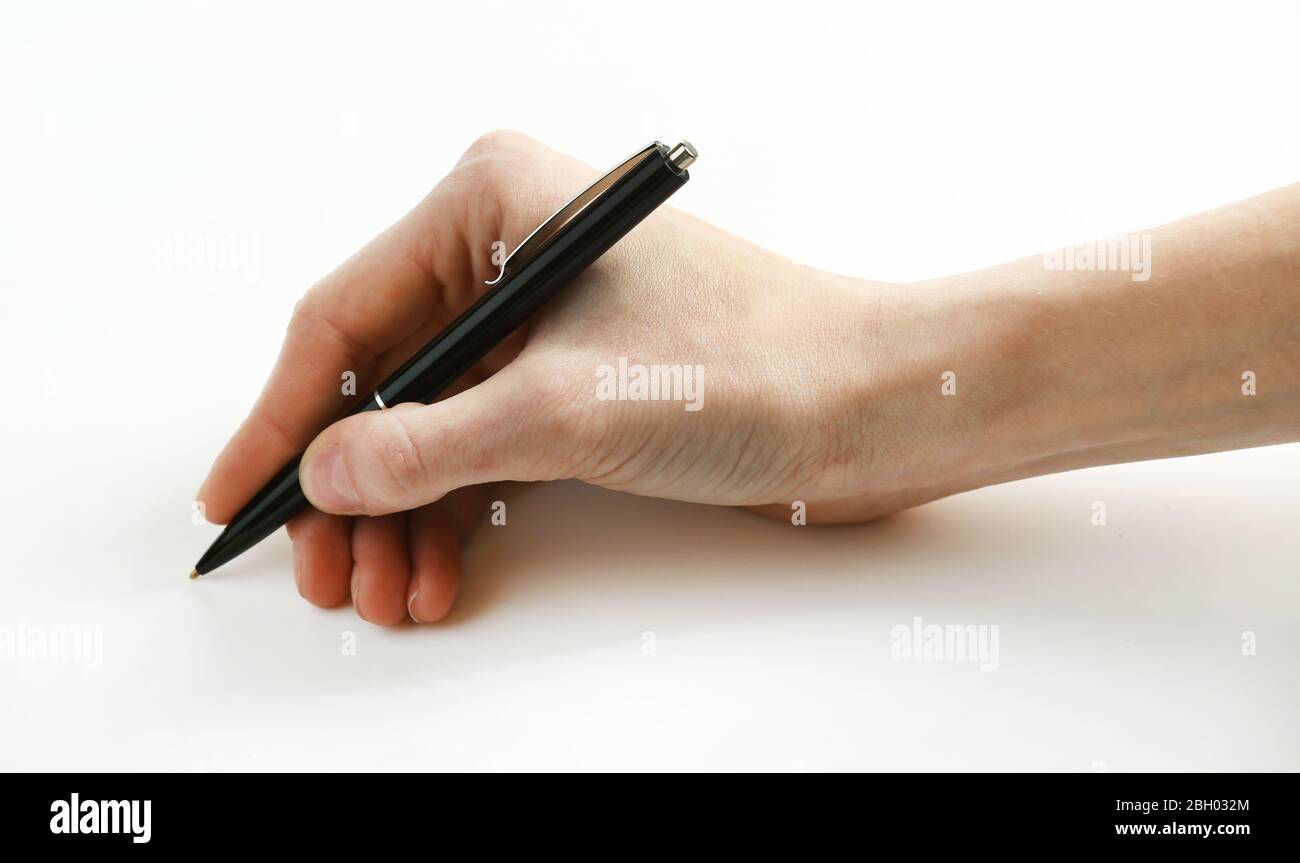 Male hand with pen isolated on white Stock Photo - Alamy