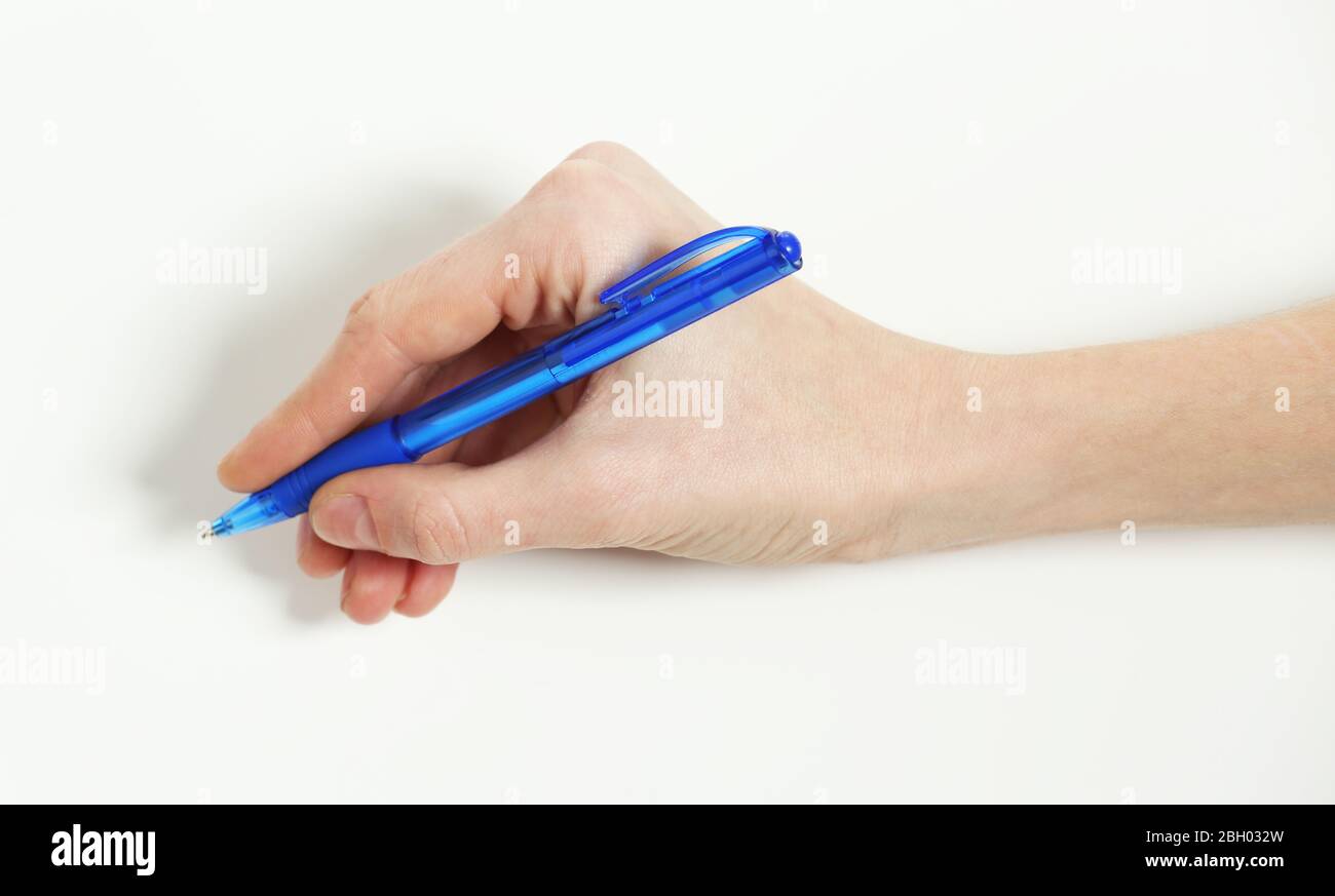 Male hand with pen isolated on white Stock Photo - Alamy