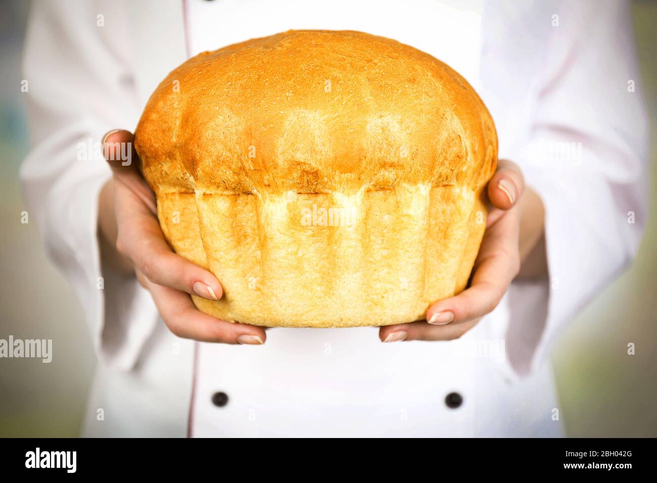 Fresh bread in female hands on light blurred background Stock Photo - Alamy
