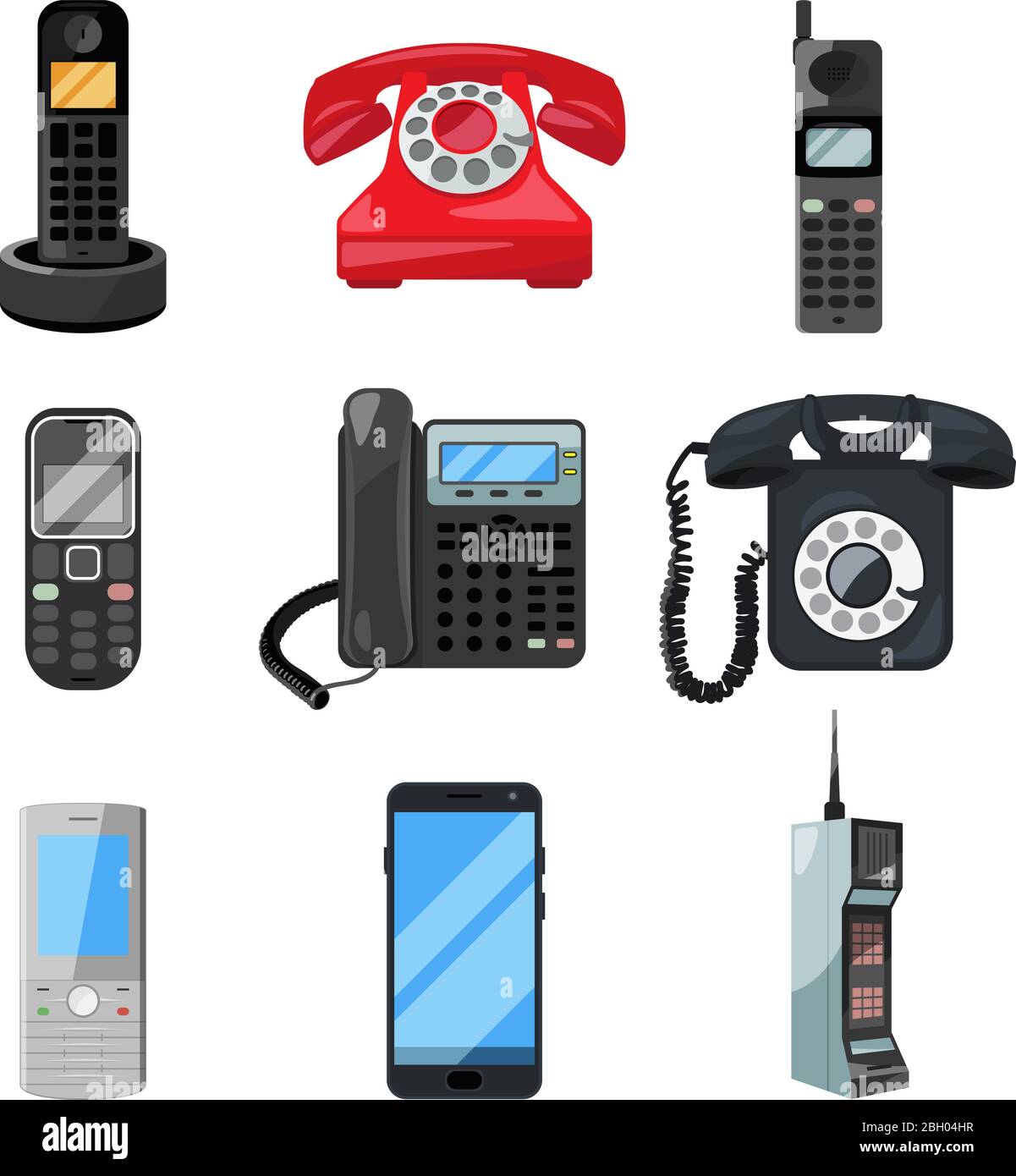 Different telephones and smartphones. Vector illustrations in cartoon ...