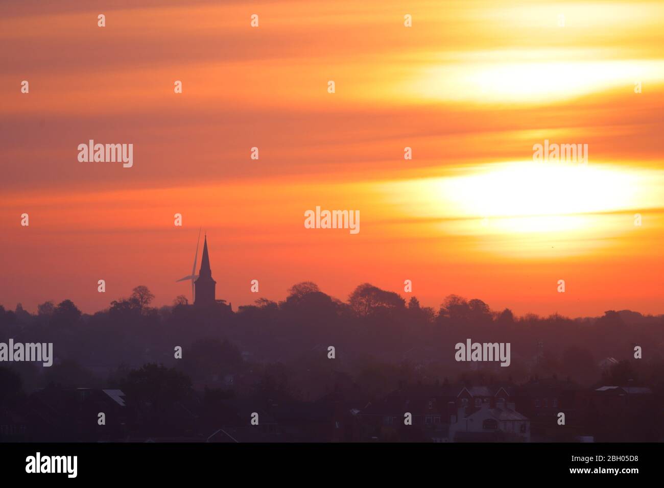 A beautiful sunrise over Garforth in Leeds. Hook Moor Wind Farm & St ...