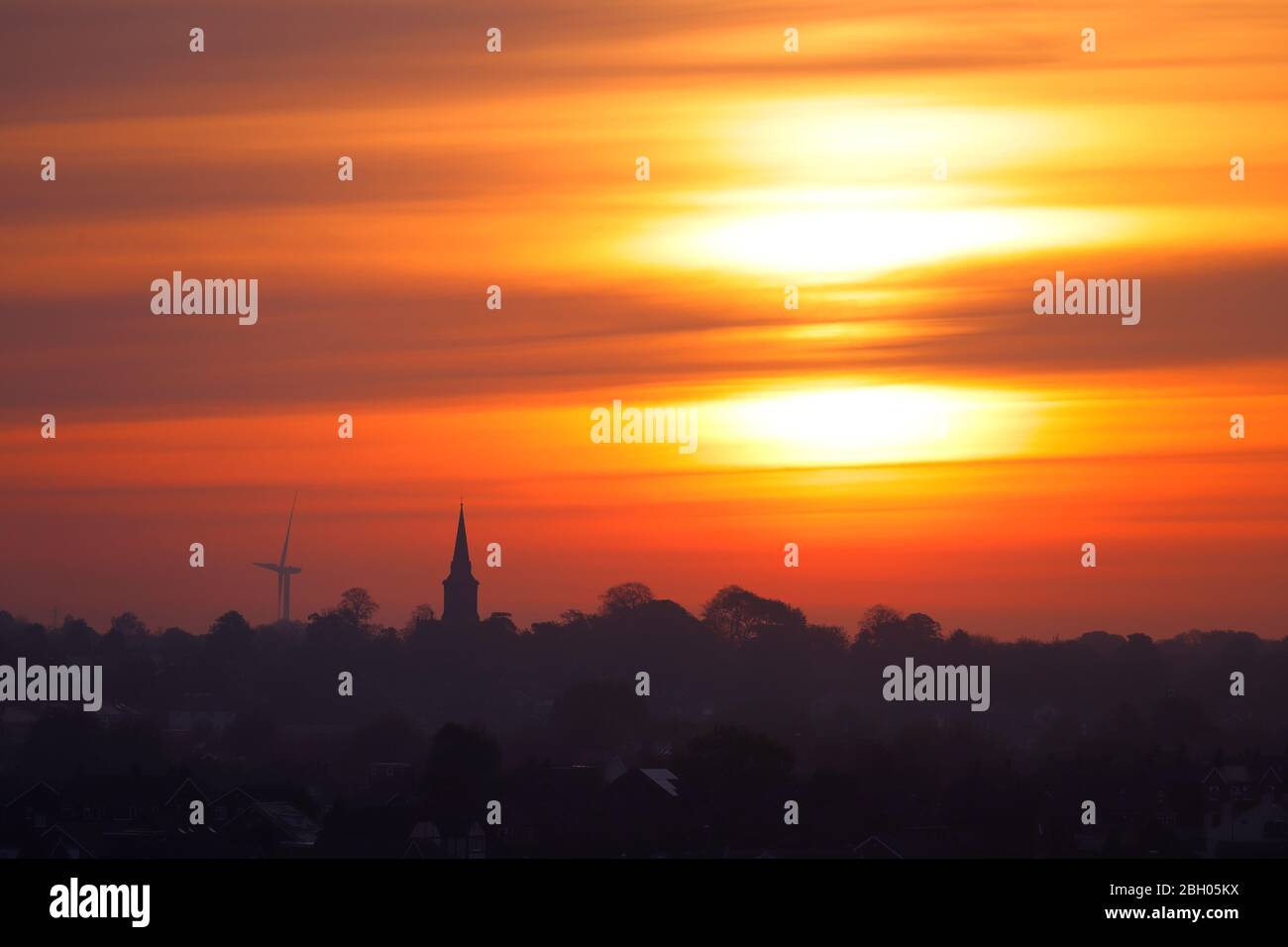 A beautiful sunrise over Garforth in Leeds. Hook Moor Wind Farm & St ...