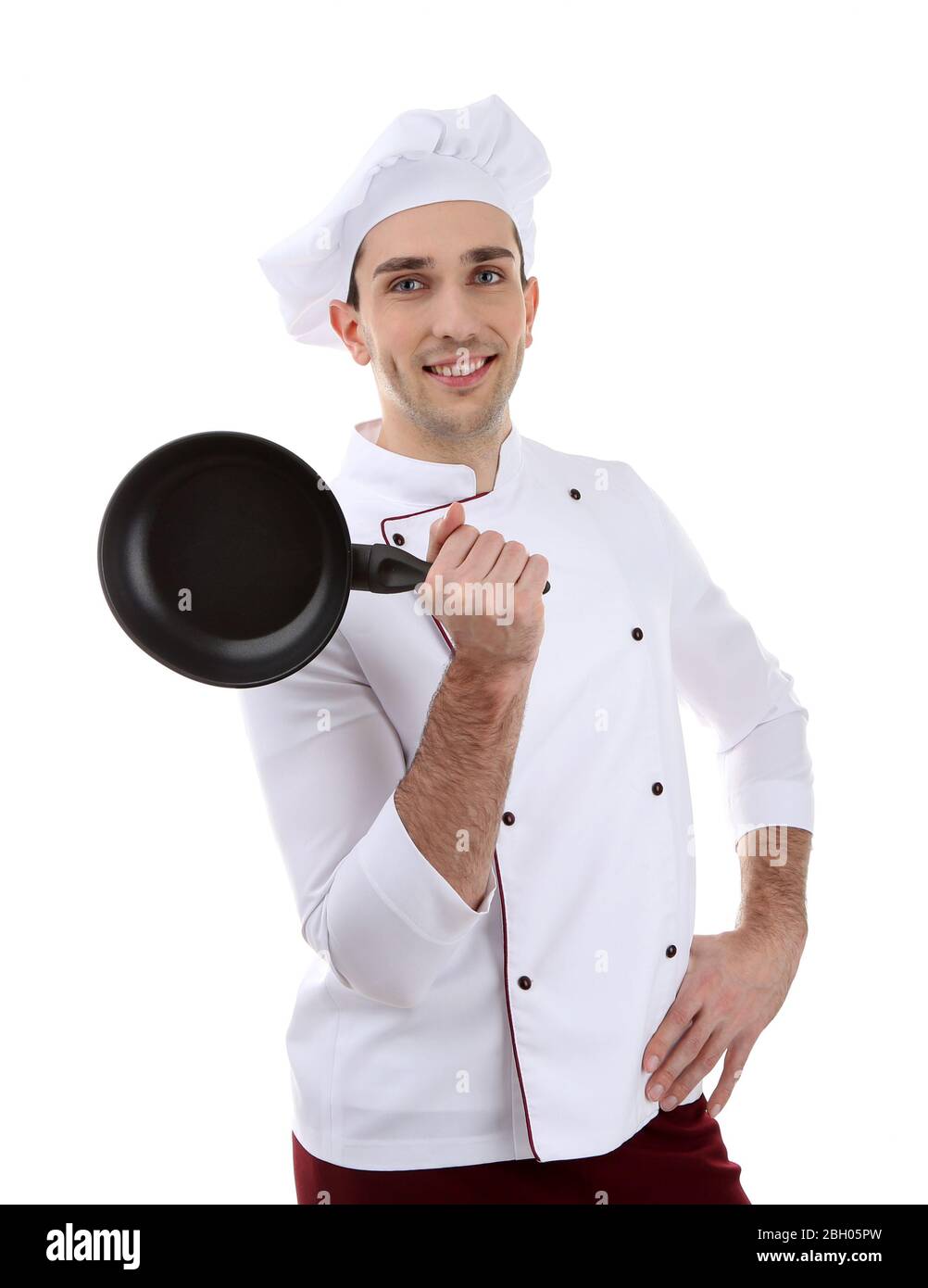 Chef with pan in hand isolated on white Stock Photo - Alamy