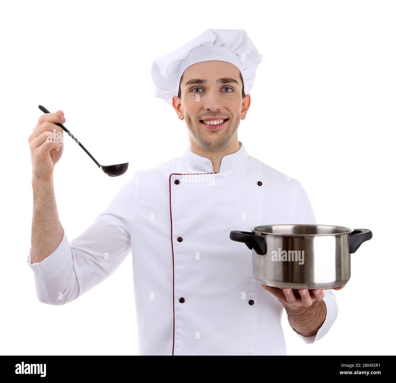 Chef with saucepan and ladle in hands isolated on white Stock Photo - Alamy