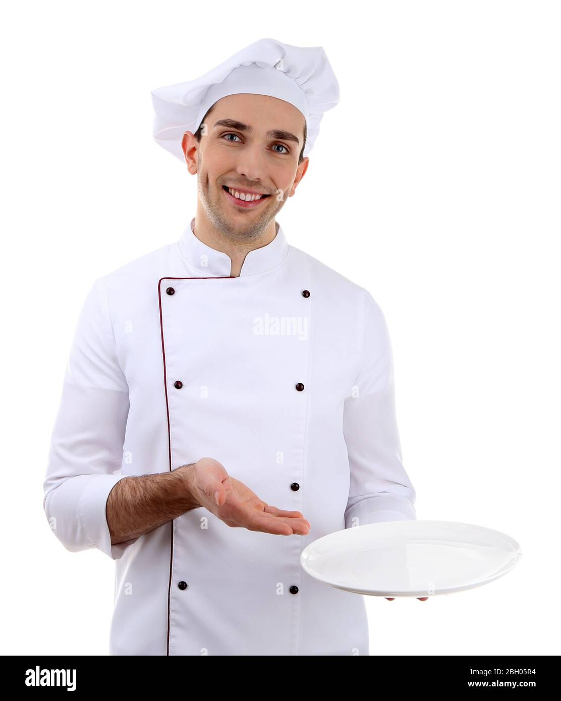 Chef with empty plate in hand isolated on white Stock Photo - Alamy