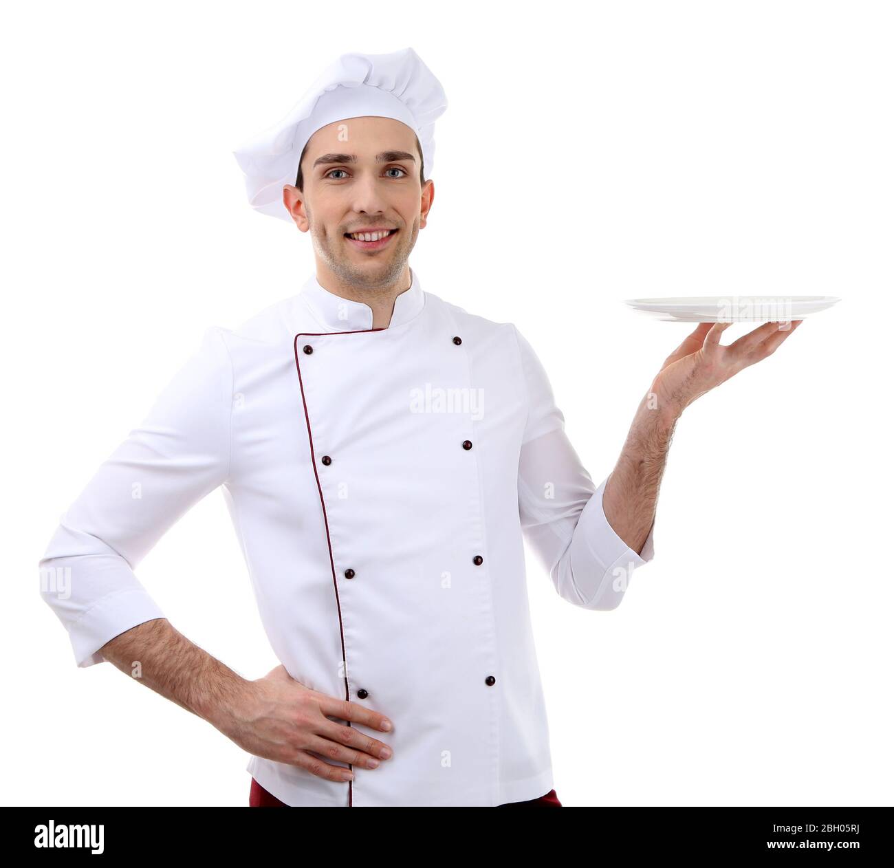 Chef with empty plate in hand isolated on white Stock Photo - Alamy