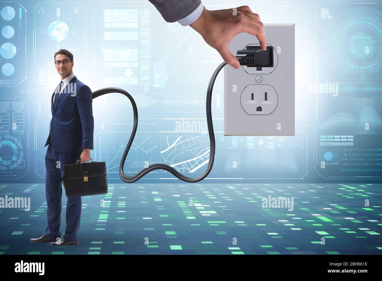 The businessman being powered by electricity and plug Stock Photo - Alamy