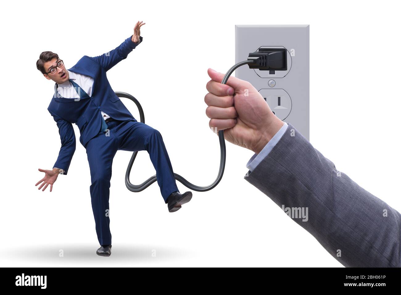 The businessman being powered by electricity and plug Stock Photo - Alamy