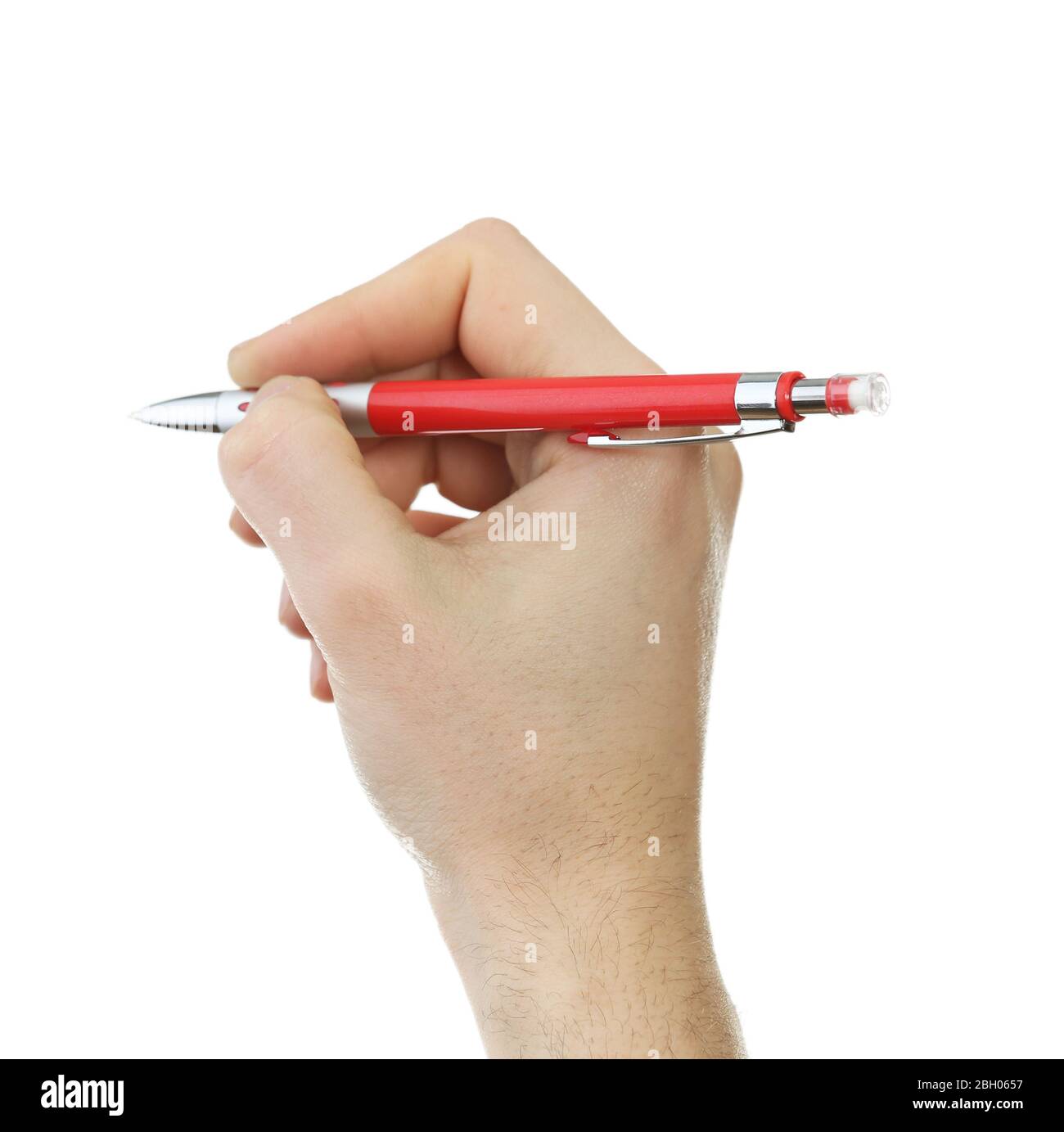 Male hand with pen isolated on white Stock Photo - Alamy