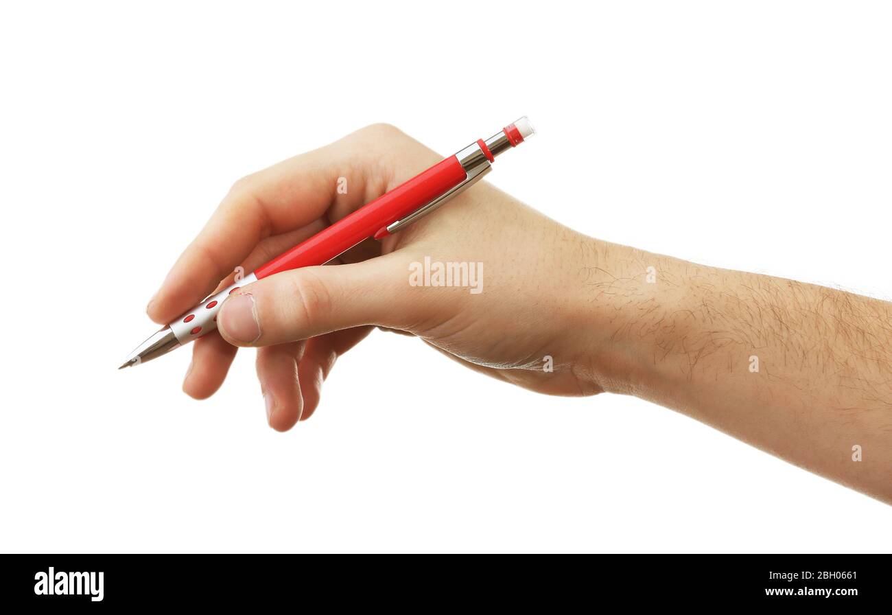 Male hand with pen isolated on white Stock Photo - Alamy
