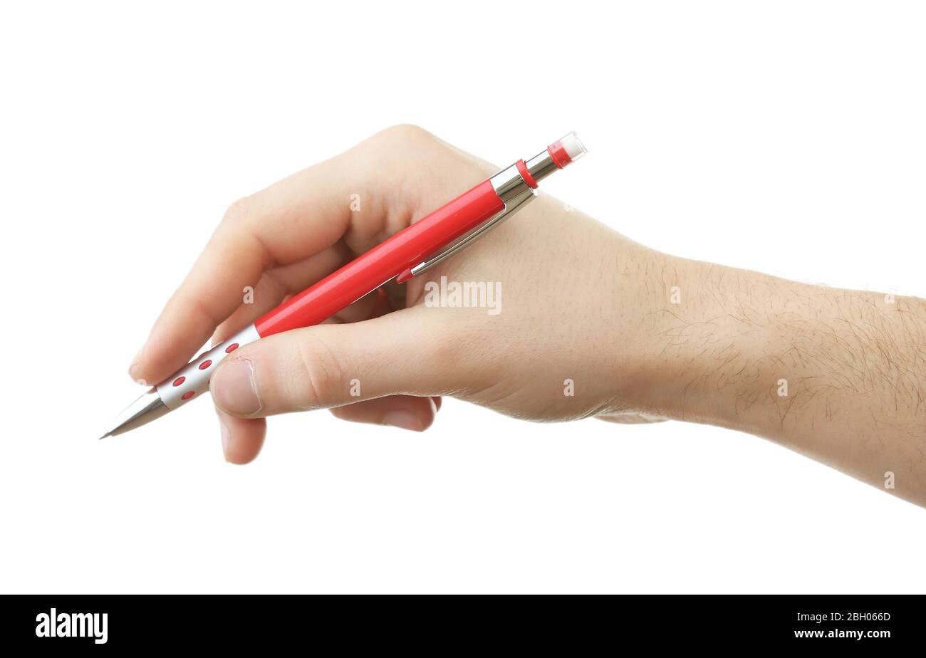 Male hand with pen isolated on white Stock Photo - Alamy