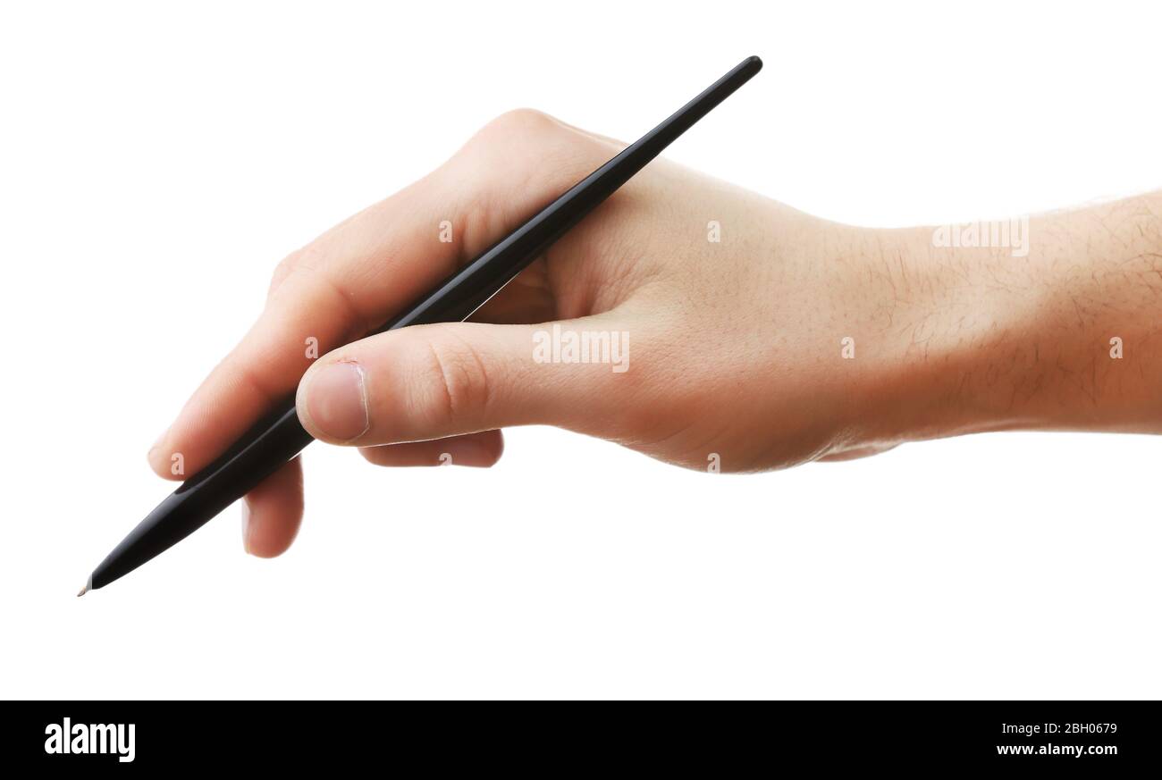 Male hand with pen isolated on white Stock Photo - Alamy