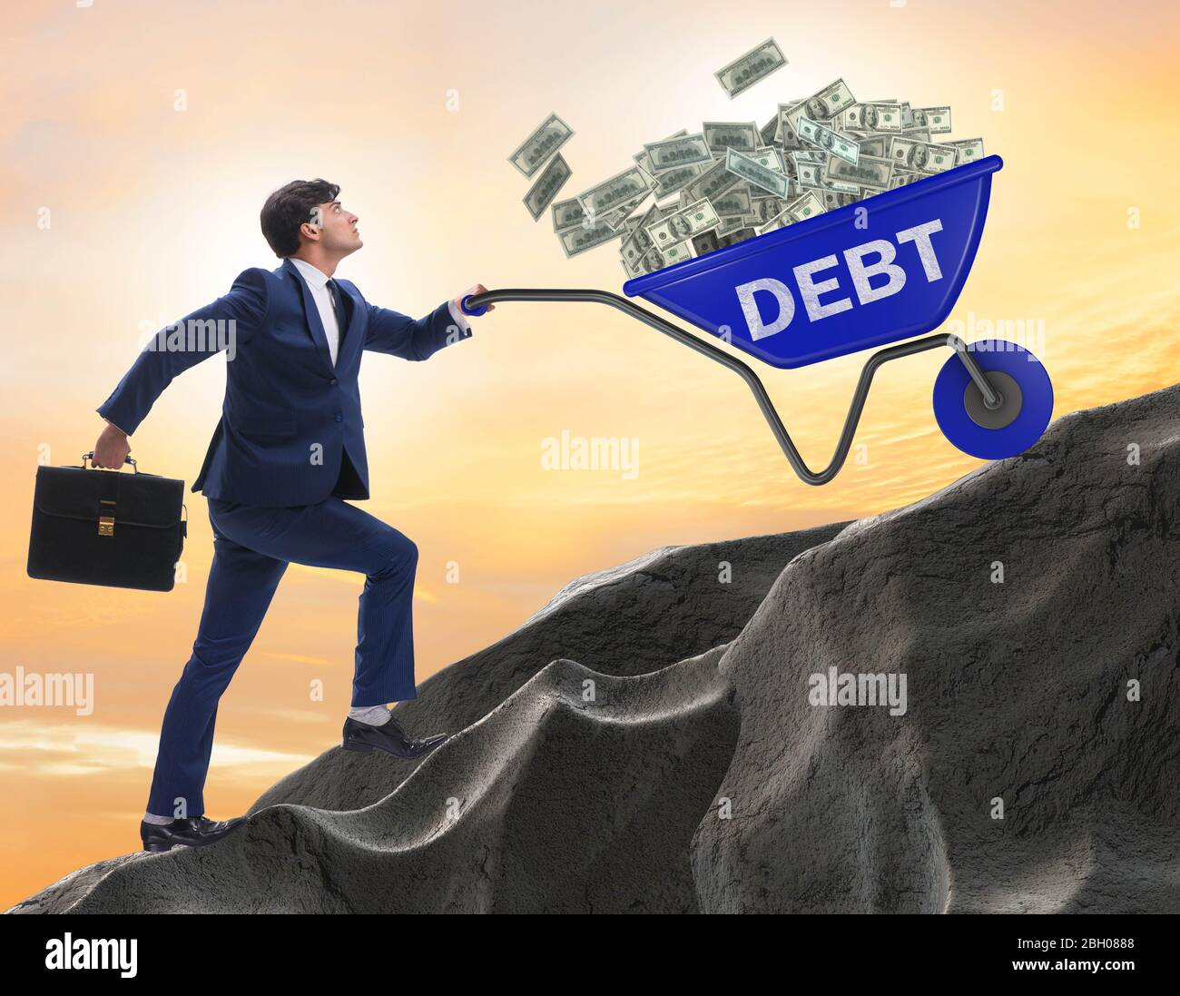 The businessman pushing wheelbarrow uphill in debt loan concept Stock ...