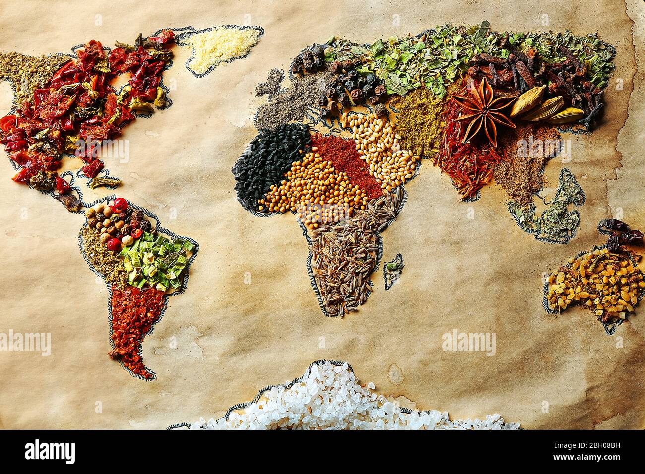 Map of world made from different kinds of spices, close-up Stock Photo ...
