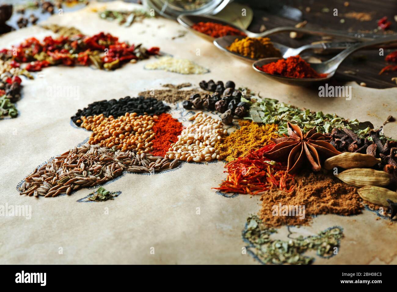 Map of world made from different kinds of spices, close-up Stock Photo ...