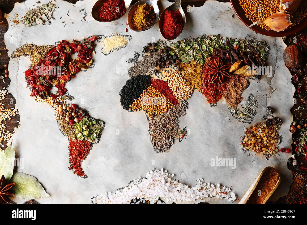 Map of world made from different kinds of spices, close-up Stock Photo ...