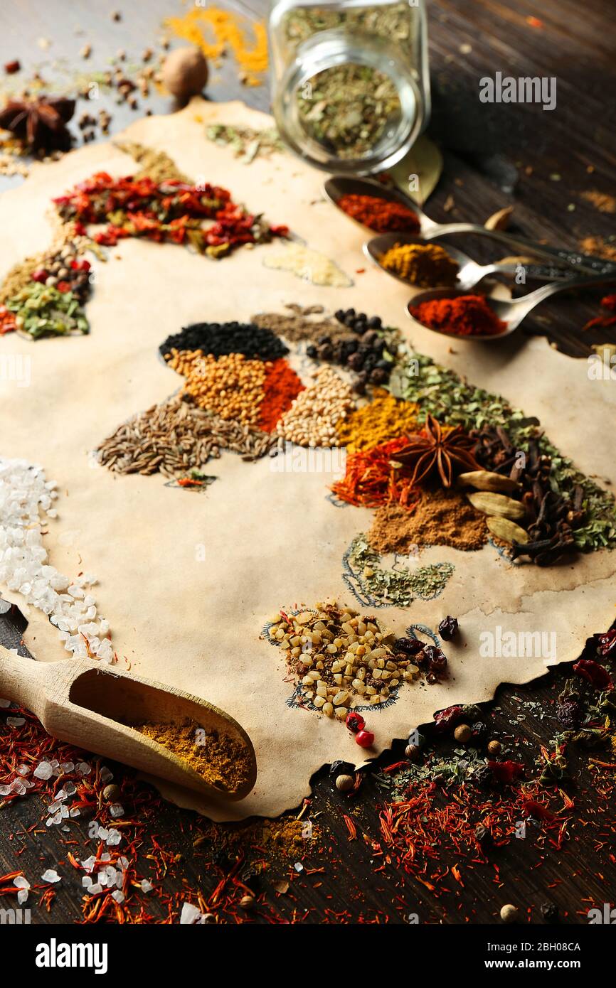 Map of world made from different kinds of spices, close-up Stock Photo ...