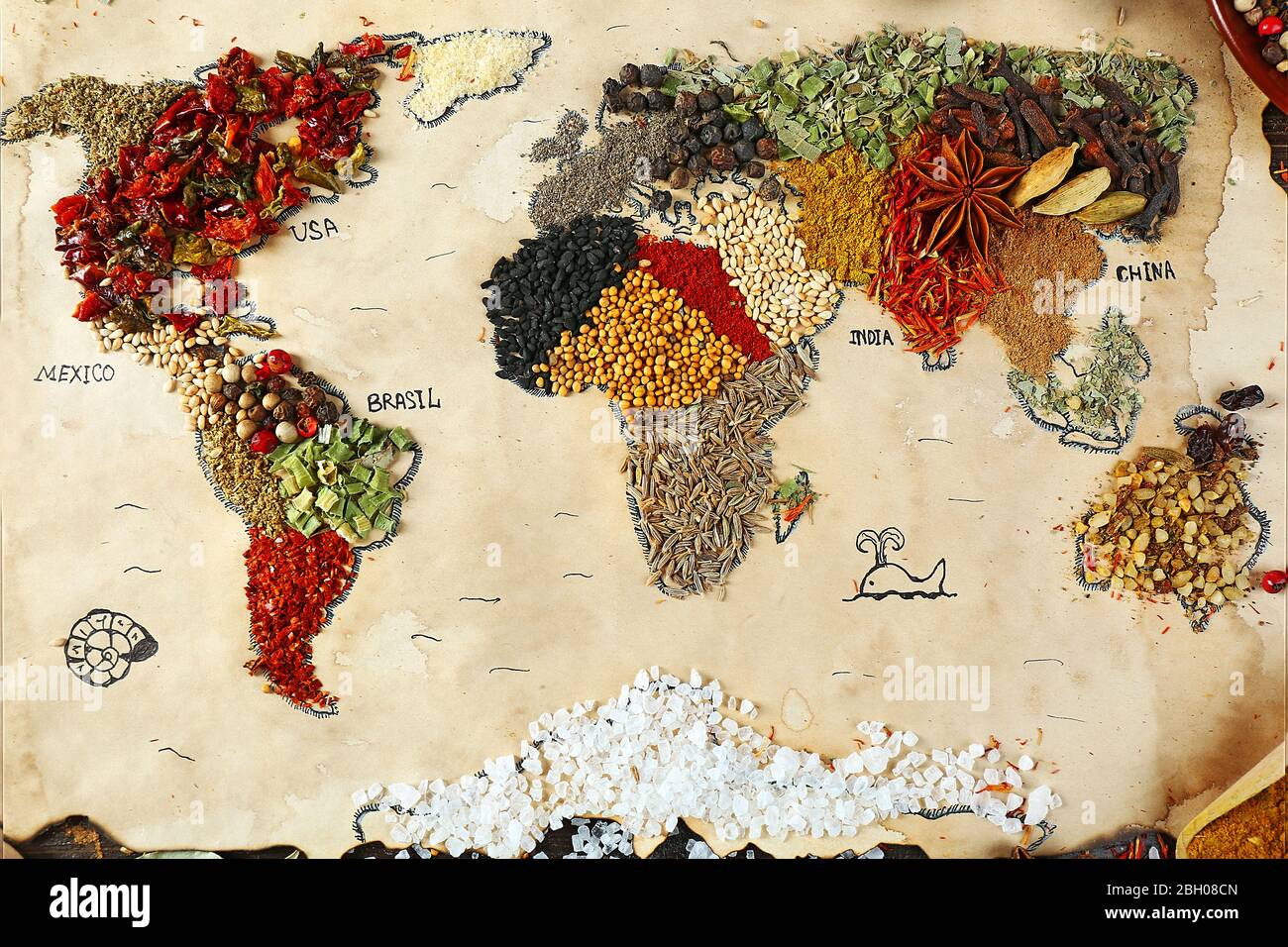 Map of world made from different kinds of spices, close-up Stock Photo ...