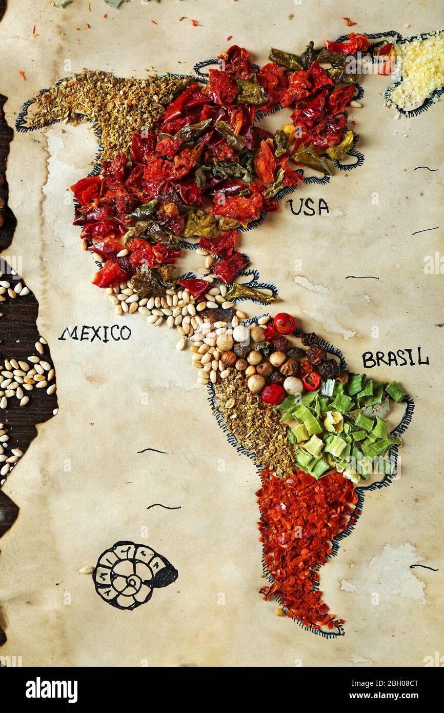 Map of world made from different kinds of spices, close-up Stock Photo ...
