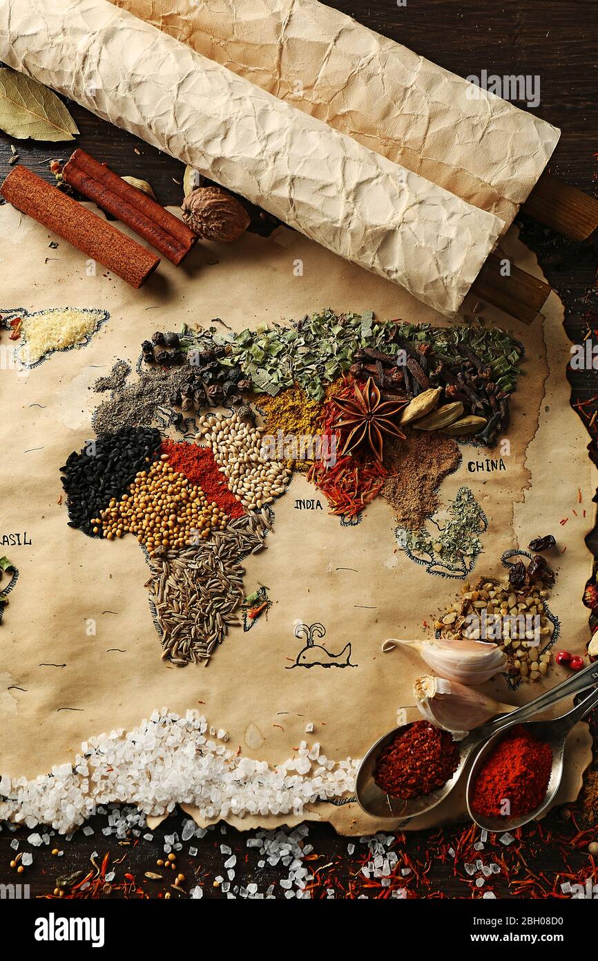 Map of world made from different kinds of spices on wooden background ...