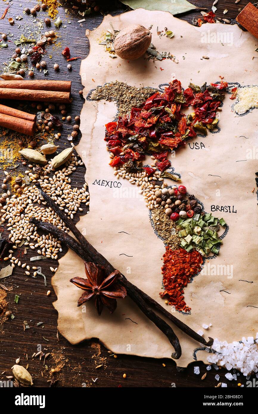 Map of world made from different kinds of spices, close-up Stock Photo ...