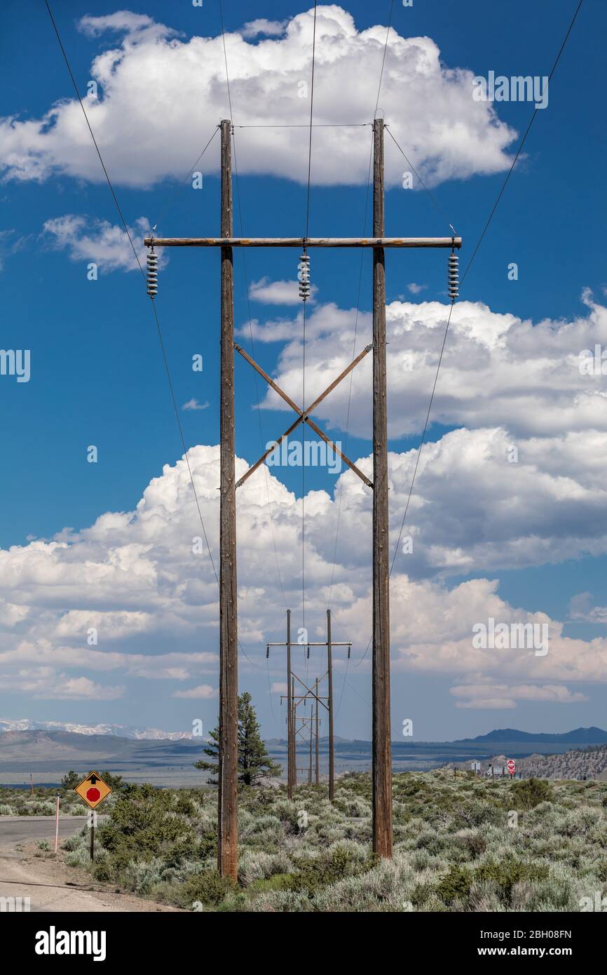 Symmetrical shot of a row of power line poles against a blue sky with ...