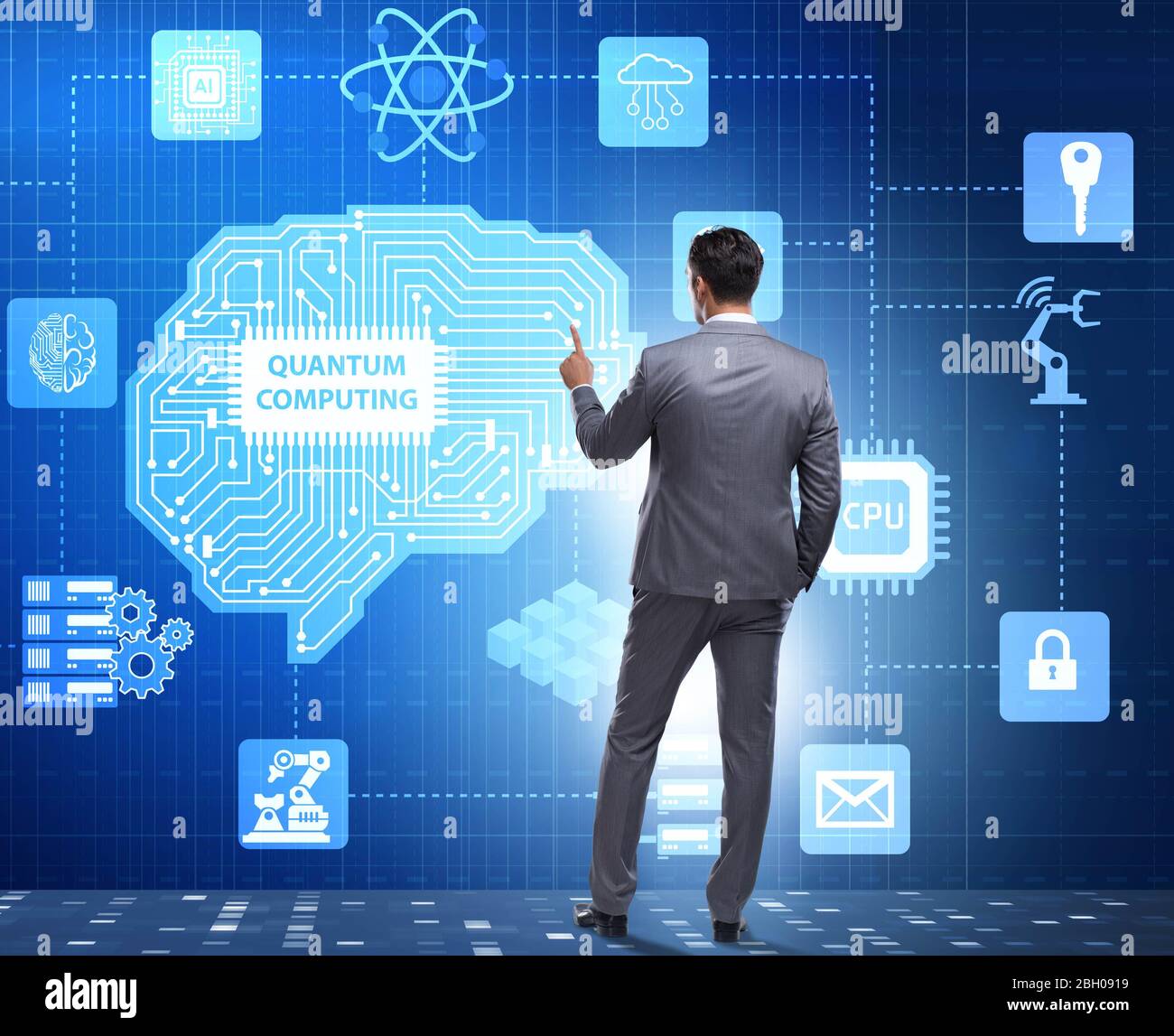 The businessman pressing virtual button in quantum computing concept ...