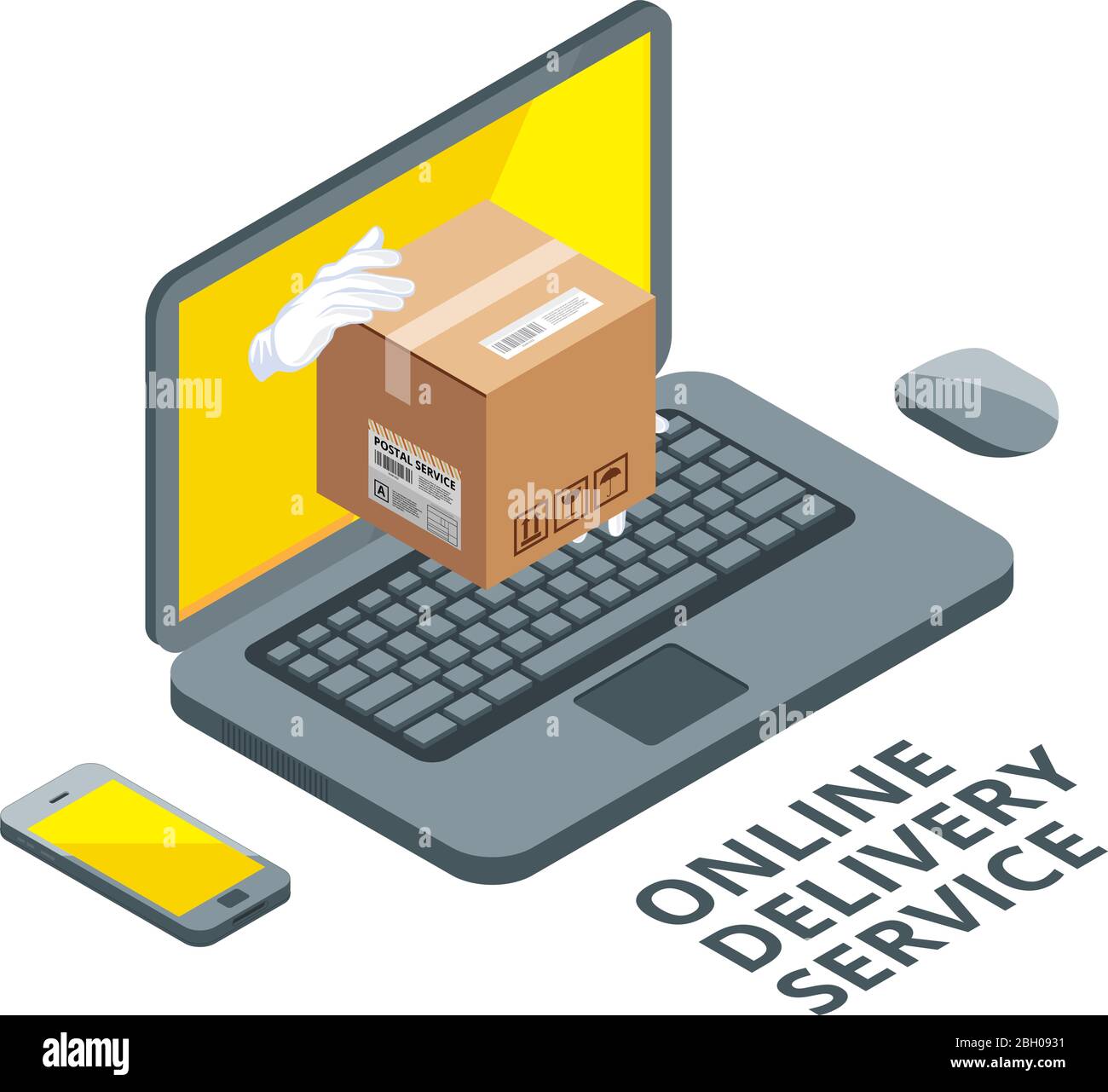 Isometric concept picture of online delivery. Real package from laptop ...