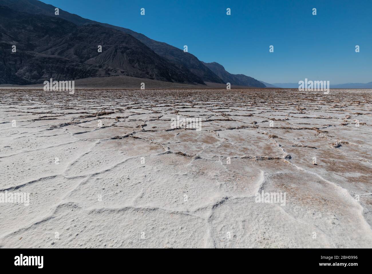 The vast expanse of dried salt patterns in Badwater Basin, Death Valley ...