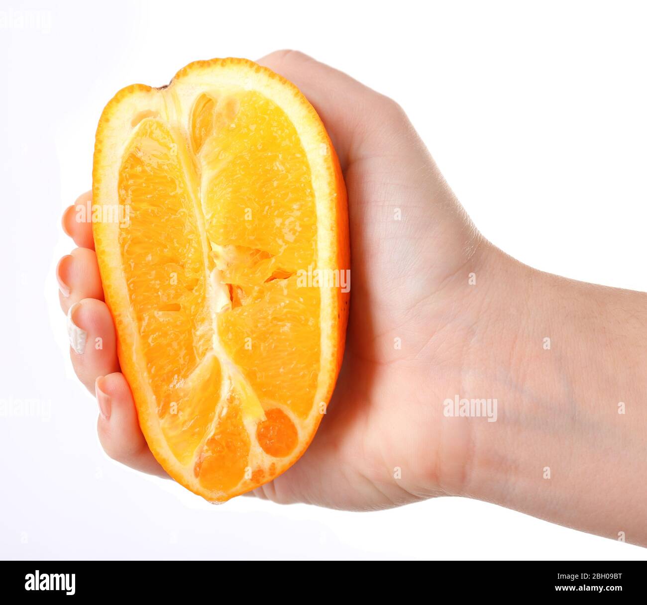 Female hand squeezing orange isolated on white Stock Photo - Alamy