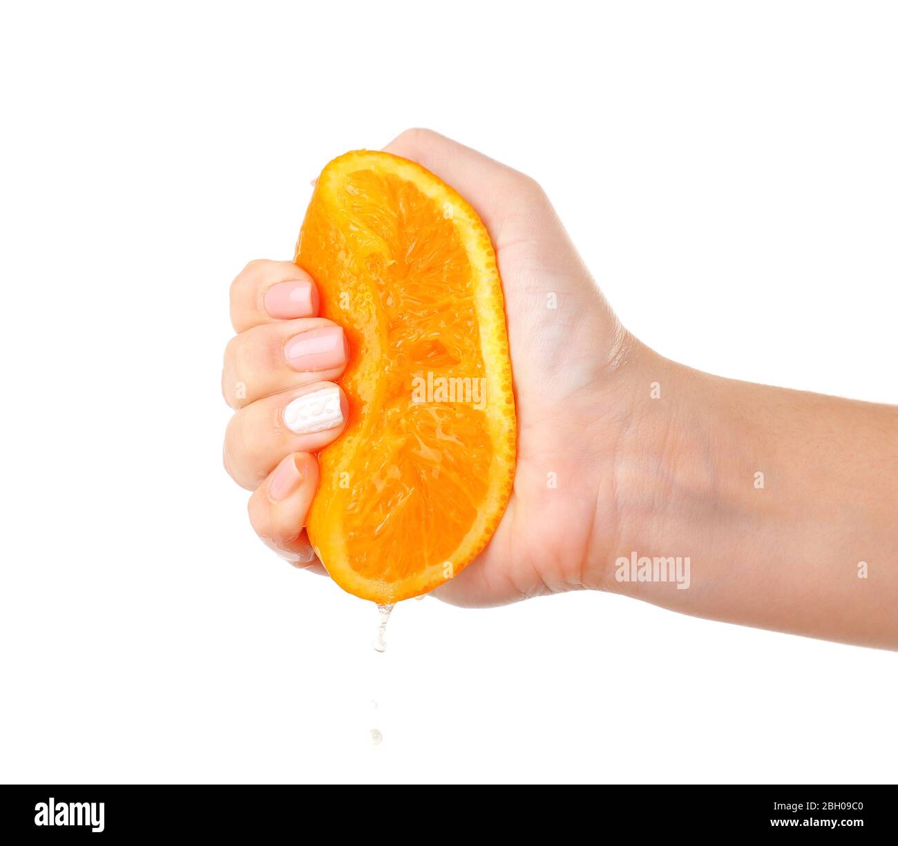 Female hand squeezing orange isolated on white Stock Photo - Alamy