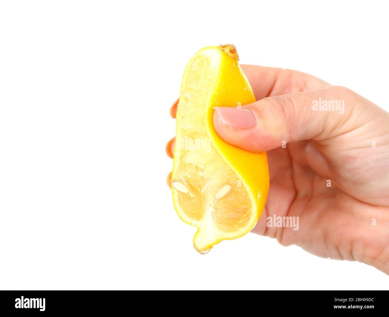 Female hand squeezing lemon isolated on white Stock Photo - Alamy