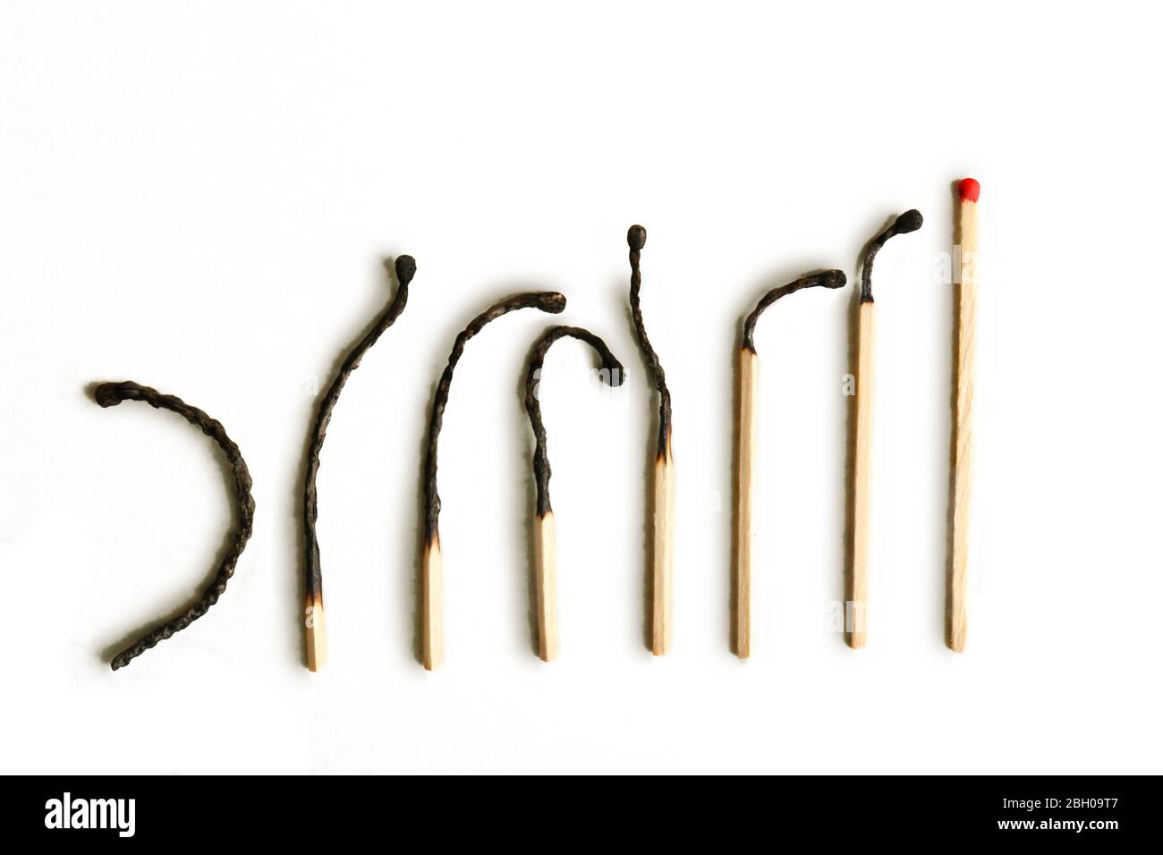 Row of burnt matches and whole one on light background Stock Photo - Alamy